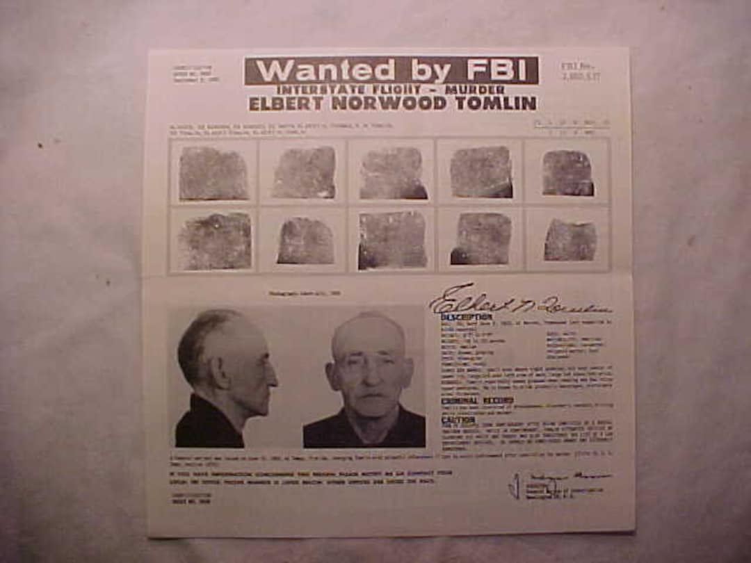 September 8, 1960 Wanted by FBI Poster Mailer of Elbert Norwood Tomlin ...