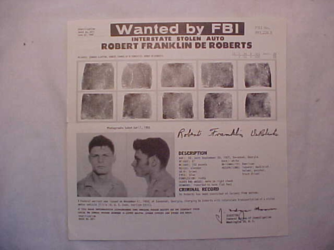 June 22, 1960 Wanted by FBI Poster Mailer of Robert Franklin De Roberts ...