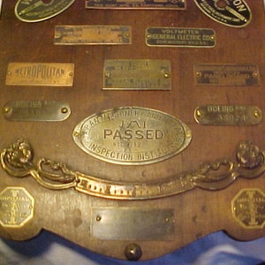 Large Vintage Wood Plaque of Equipment Name Plate Tag Badges, Steam ...