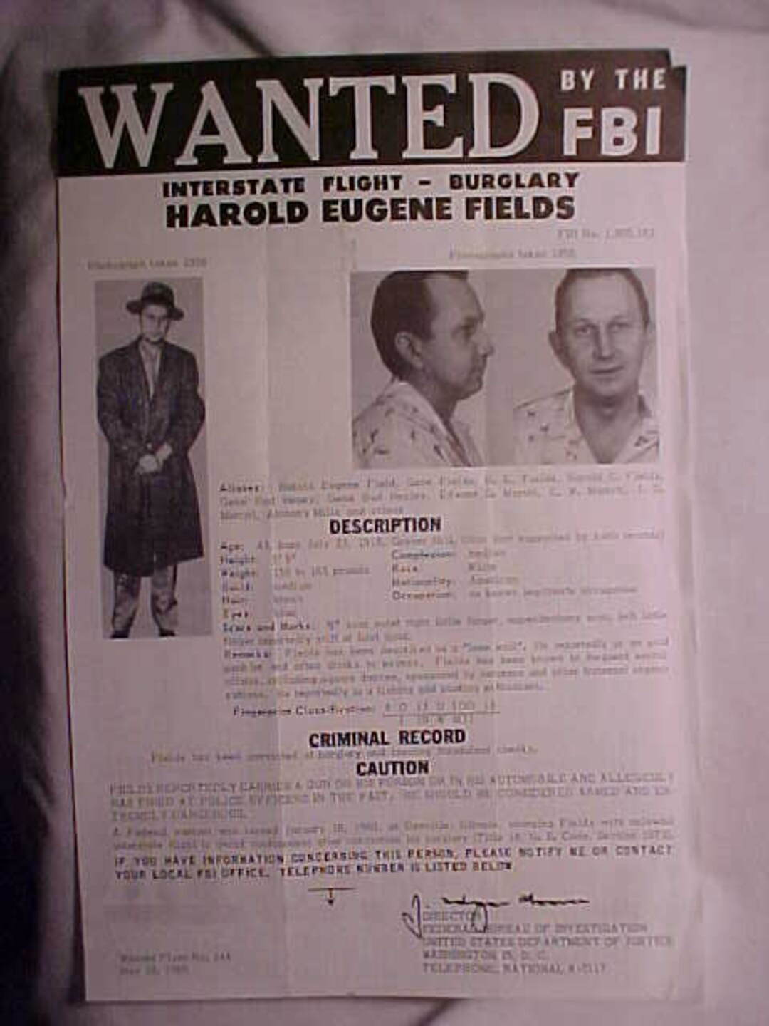 May 19, 1960 Wanted by FBI Poster Mailer of Harold Eugene Fields ...