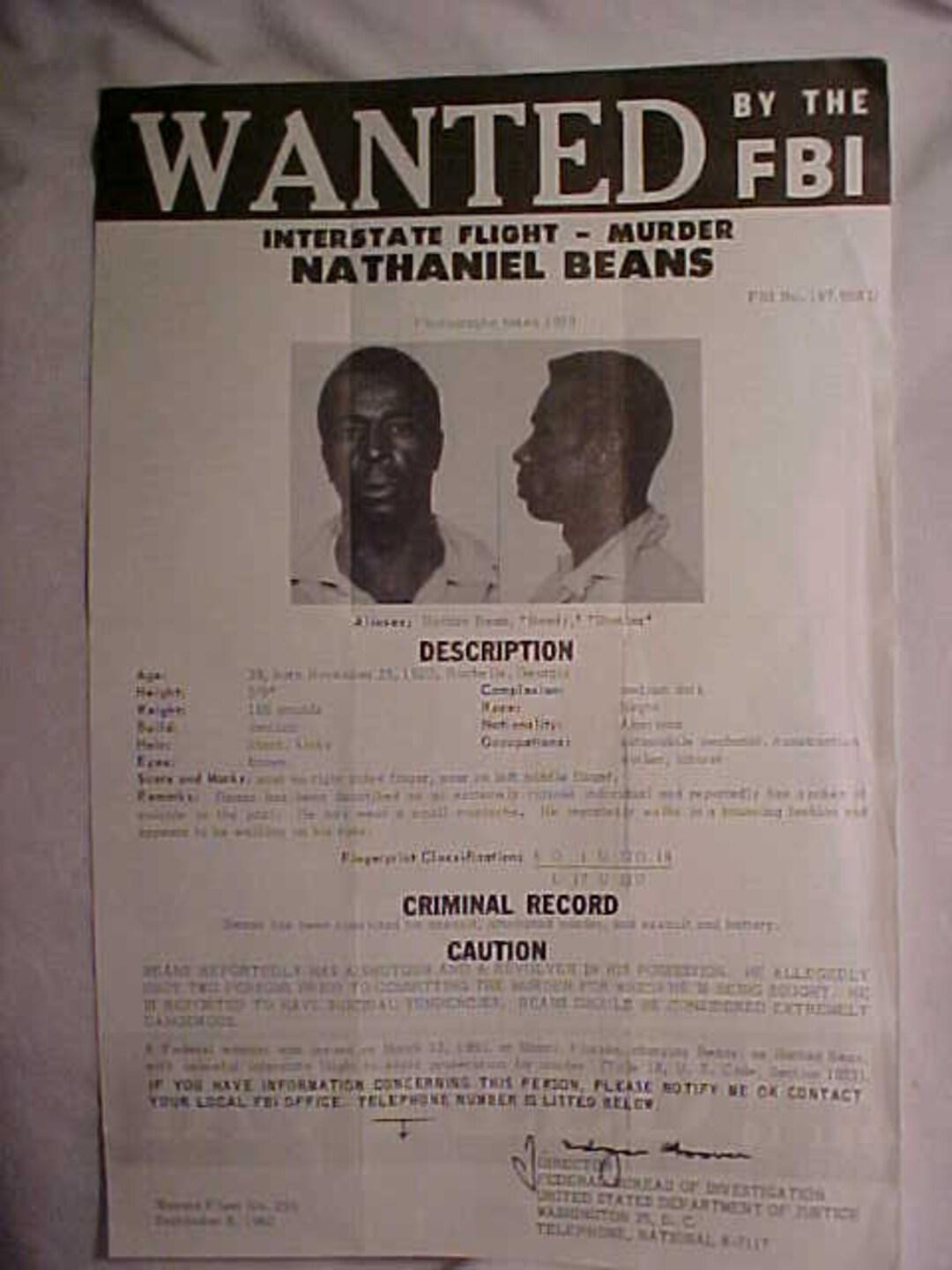 September 8, 1960 Wanted by FBI Poster Mailer of Nathaniel Beans Murder ...