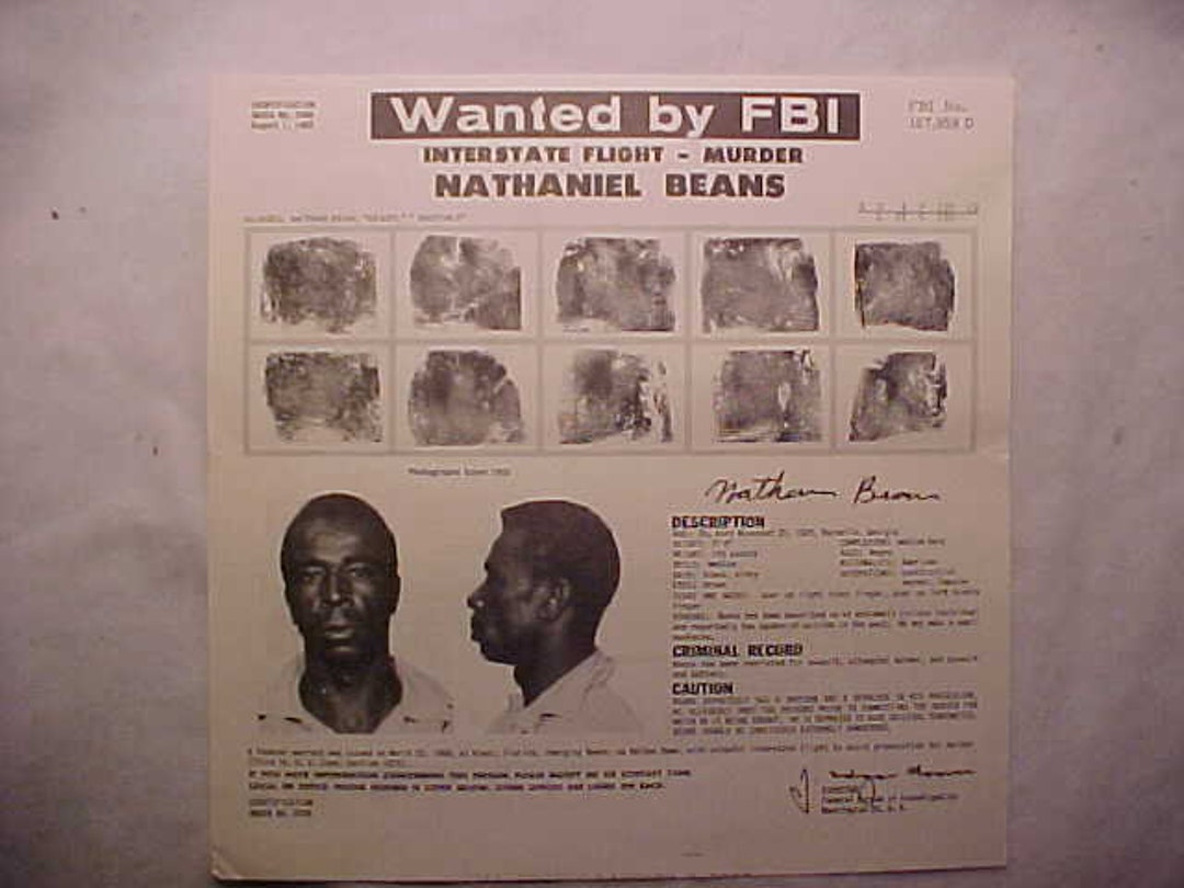 August 1, 1960 Wanted by FBI Poster Mailer of Nathaniel Beans Murder ...