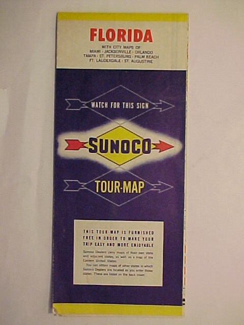 C1958 Sunoco Oil Co. Folded Gas Station Road Map of Florida With City ...