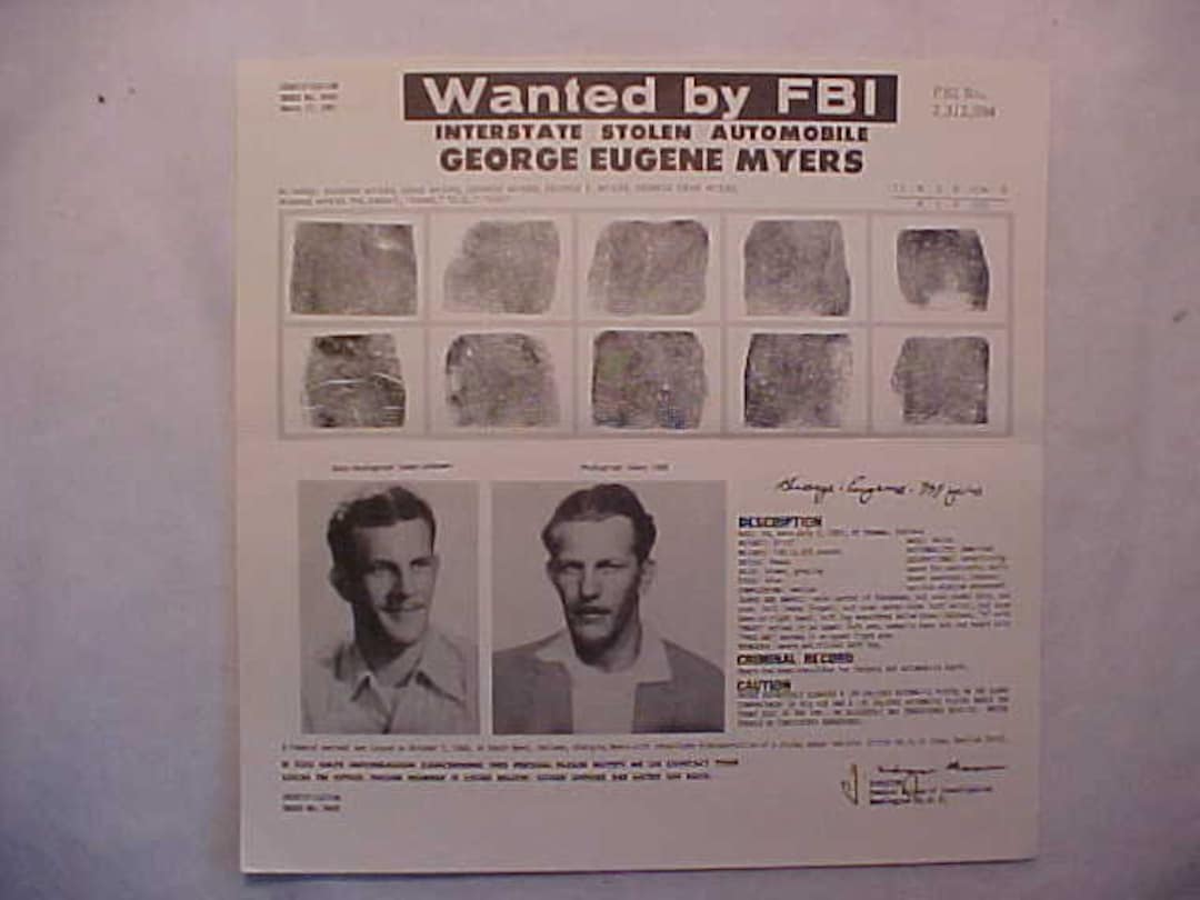 March 17, 1961 Wanted by FBI Poster Mailer of George Eugene Myers ...