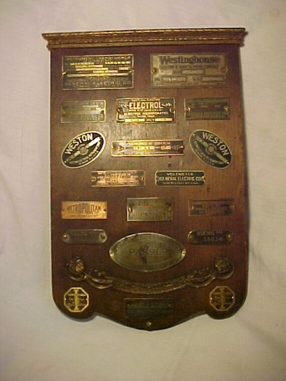 Large Vintage Wood Plaque of Equipment Name Plate Tag Badges | Etsy