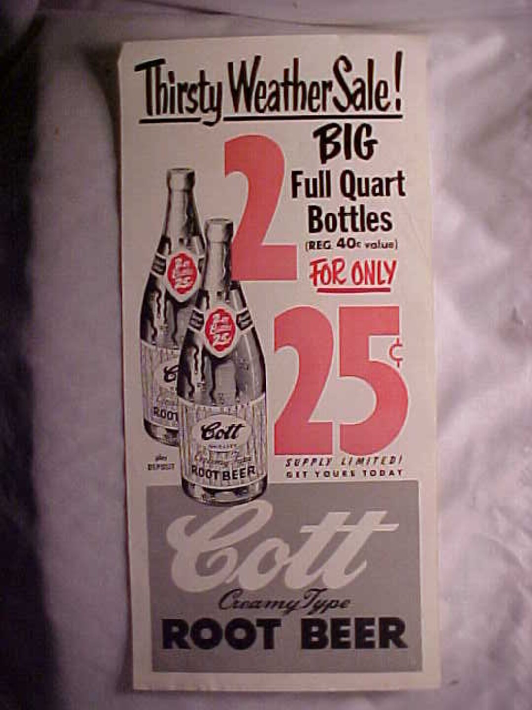 C1950s Cott Creamy Type Root Beer Thirsty Weather Sale 2 Quarts for ...