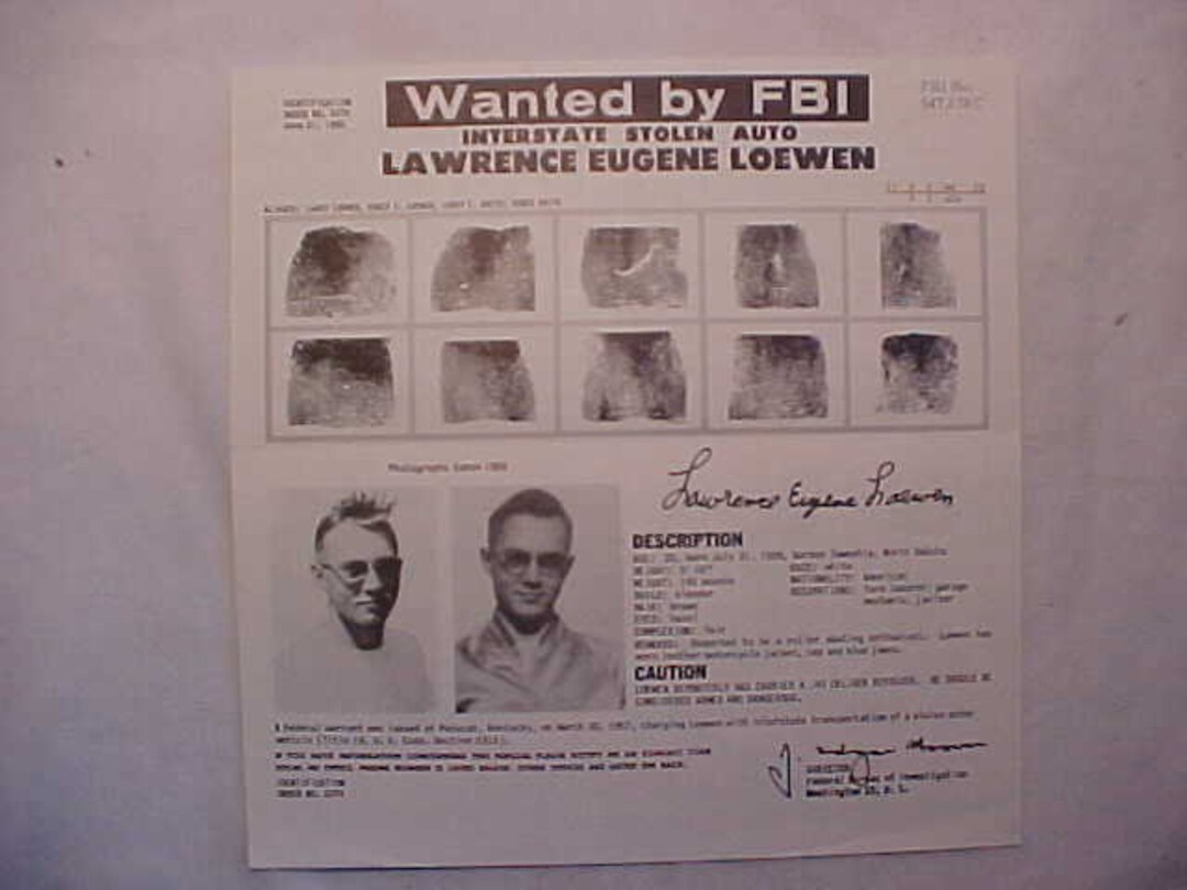 June 21, 1960 Wanted by FBI Poster Mailer of Lawrence Eugene Loewen ...