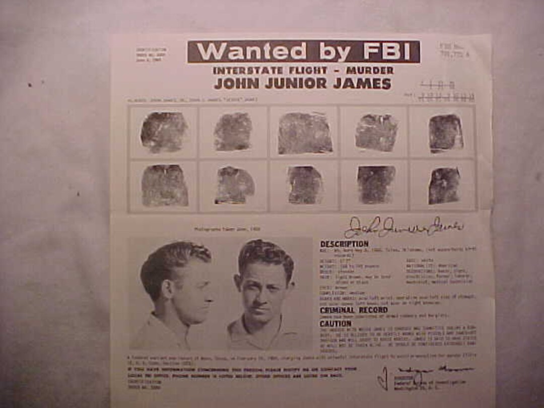June 3, 1960 Wanted by FBI Poster Mailer of John Junior James Murder ...