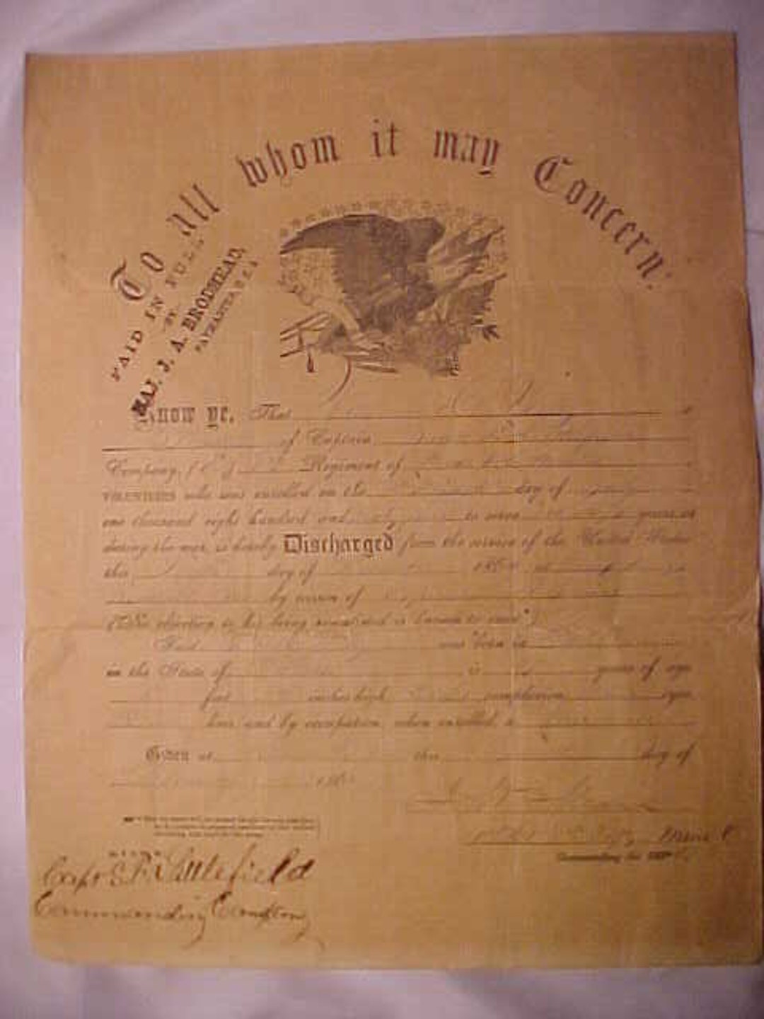 November 10, 1864 Civil War to All Whom It May Concern Discharge ...