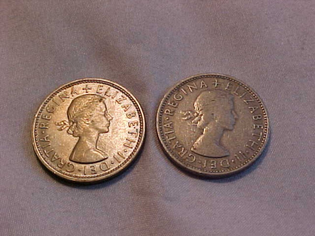 Set of Two 1957-61 Two Shillings Fid Def Gratia Regina Elizabeth Dei, Nickel Metal Coin, Foreign ...