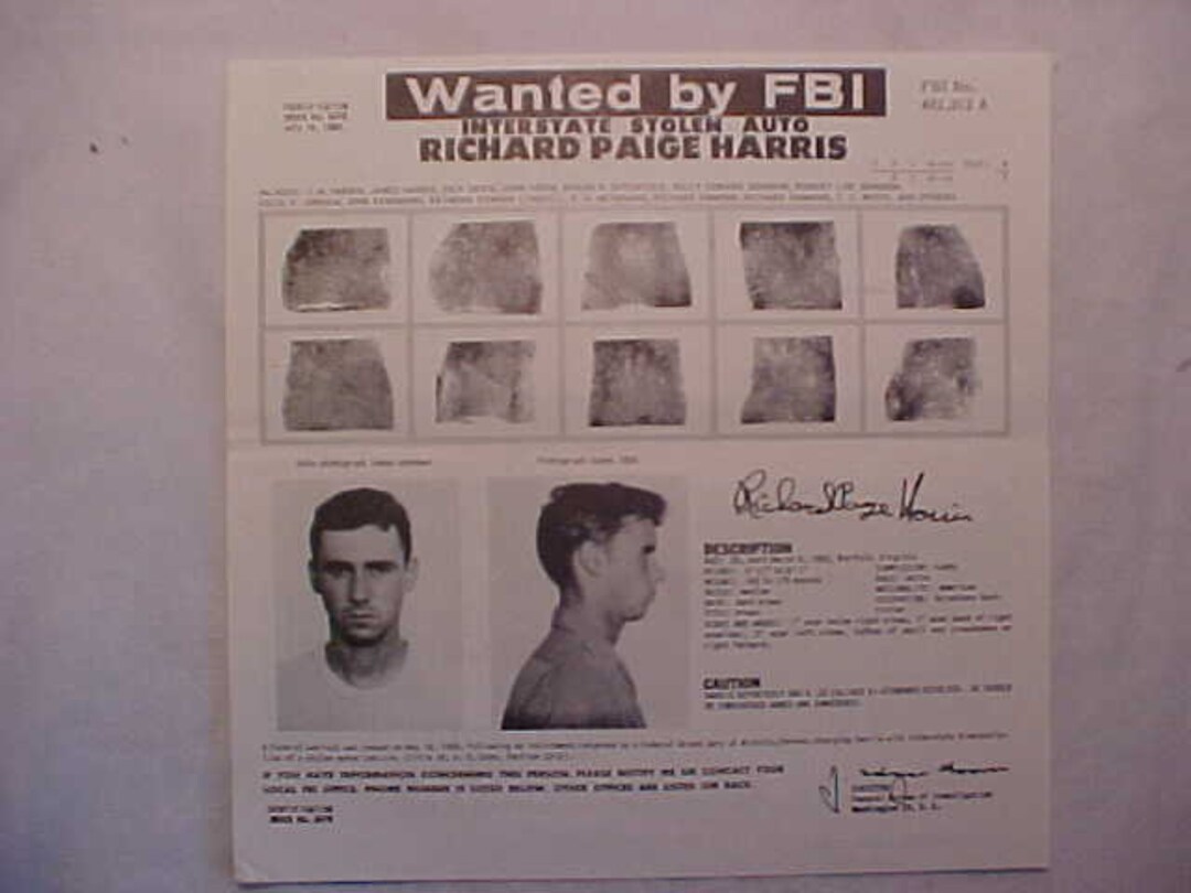 July 14, 1960 Wanted by FBI Poster Mailer of Richard Paige Harris ...