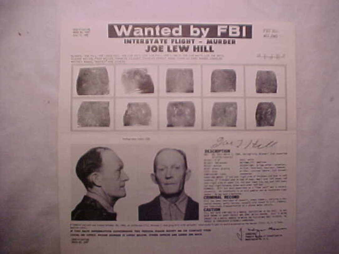 June 13, 1960 Wanted by FBI Poster Mailer of Joe Lew Hill Murder Charge ...