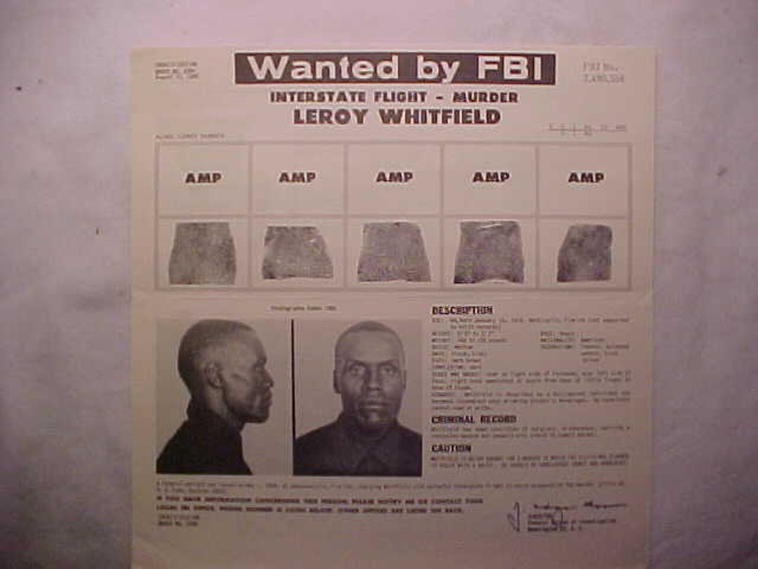 August 15, 1960 Wanted by FBI Poster Mailer of Leroy Whitfield Murder ...