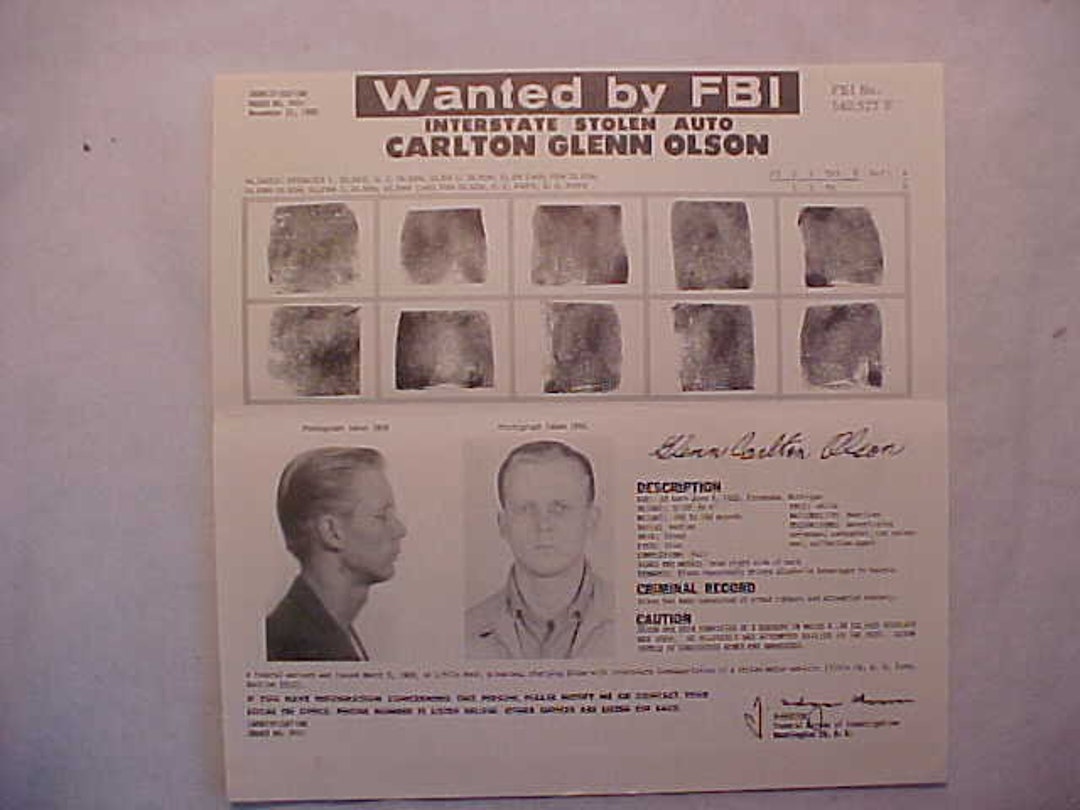 November 22 1960 Wanted by FBI Poster Mailer of Carlton Glenn Olson ...