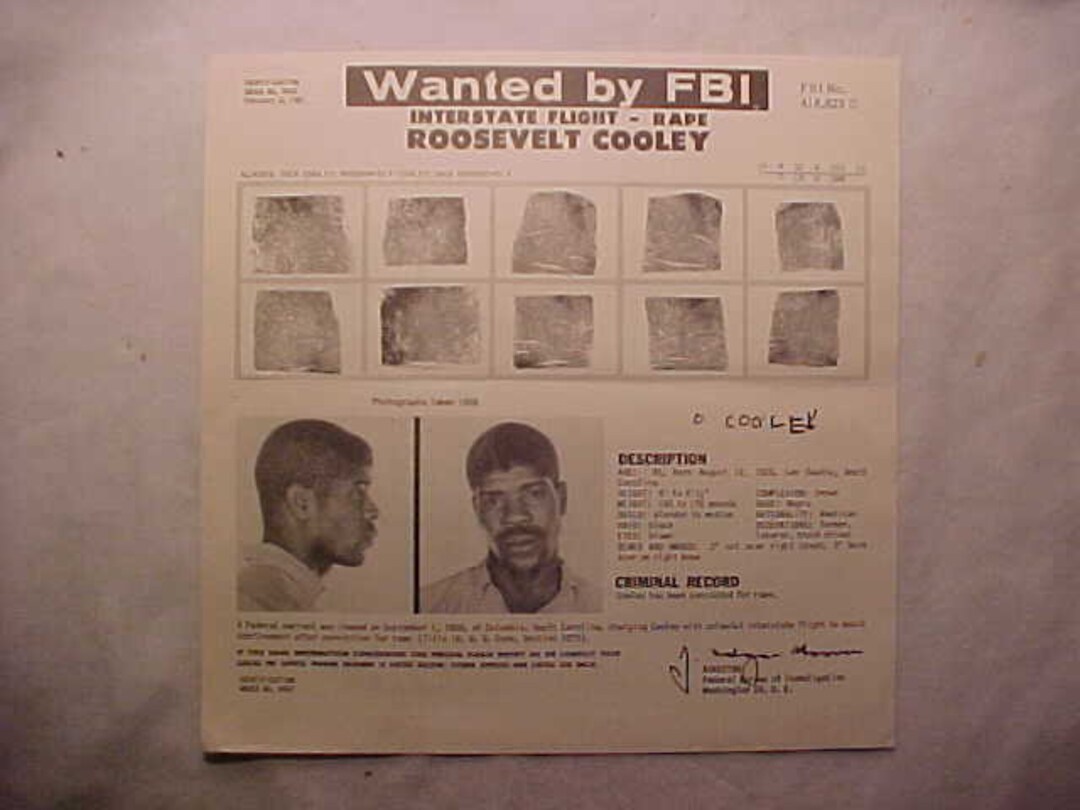 February 2, 1961 Wanted by FBI Poster Mailer of Roosevelt Cooley Rape ...