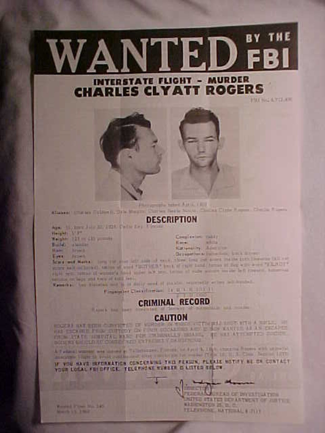 March 15, 1960 Wanted by FBI Poster Mailer of Charles Cyatt Rogers ...