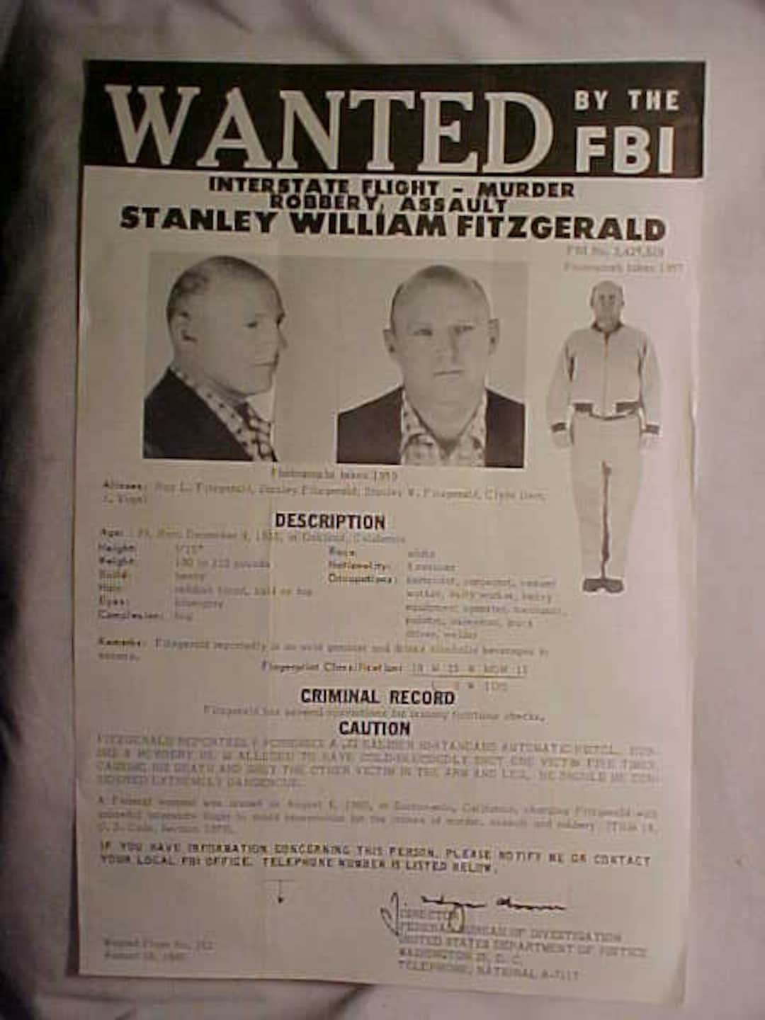 August 18, 1960 Wanted by FBI Poster Mailer of Stanley William ...