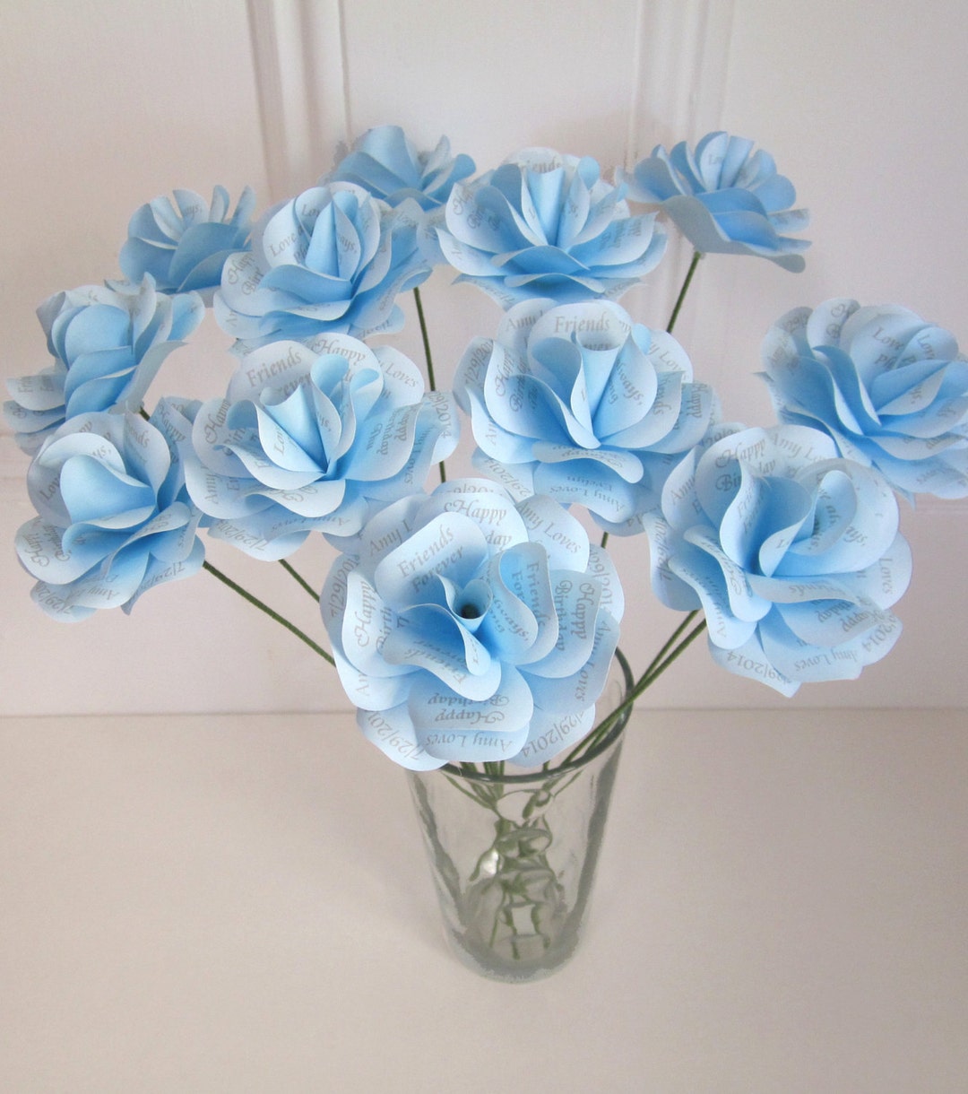 Light Blue Paper Roses With Stems and Personalized Matte Silver Print ...