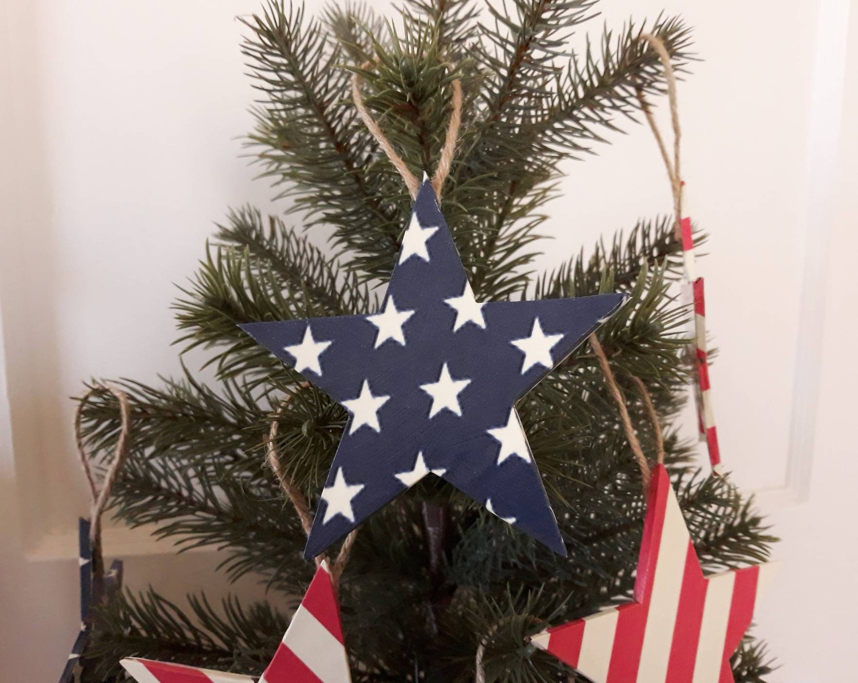 Americana Stars and Stripes Star Shaped Ornaments with Twine | Etsy