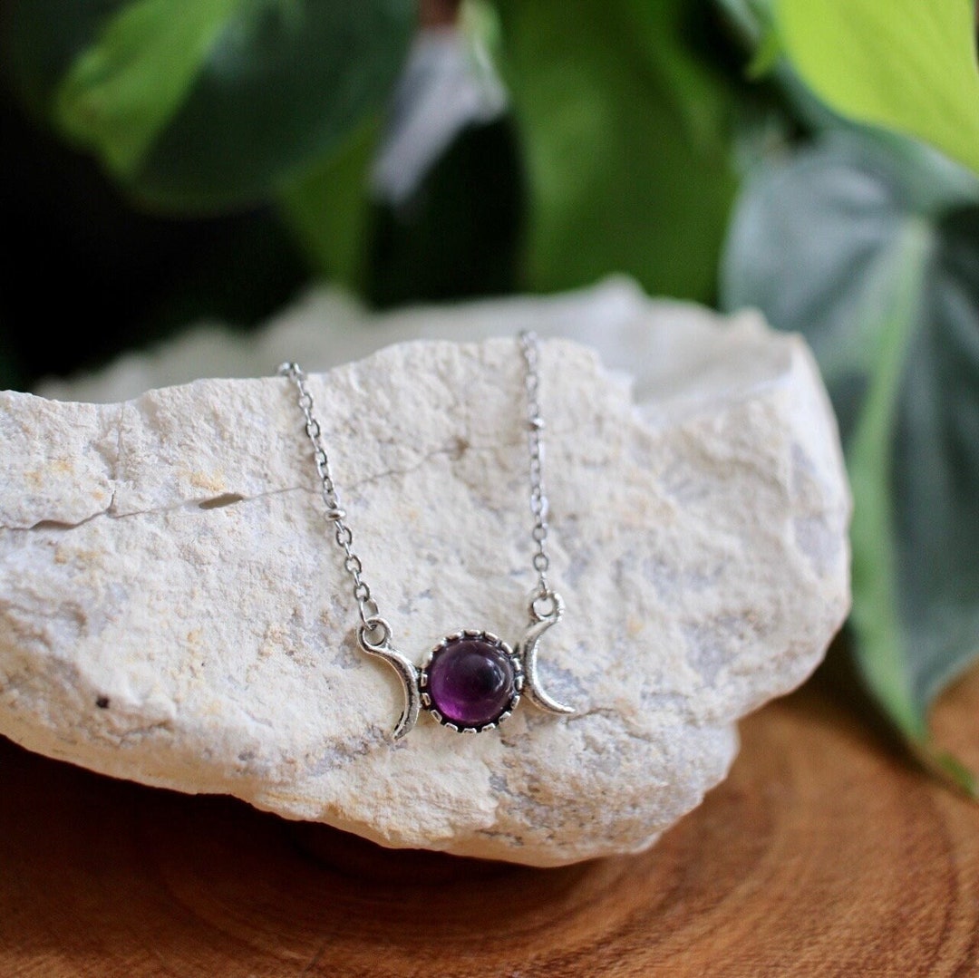 Dainty Triple Moon Amethyst Necklace, Silver Gemstone Moon Phase ...