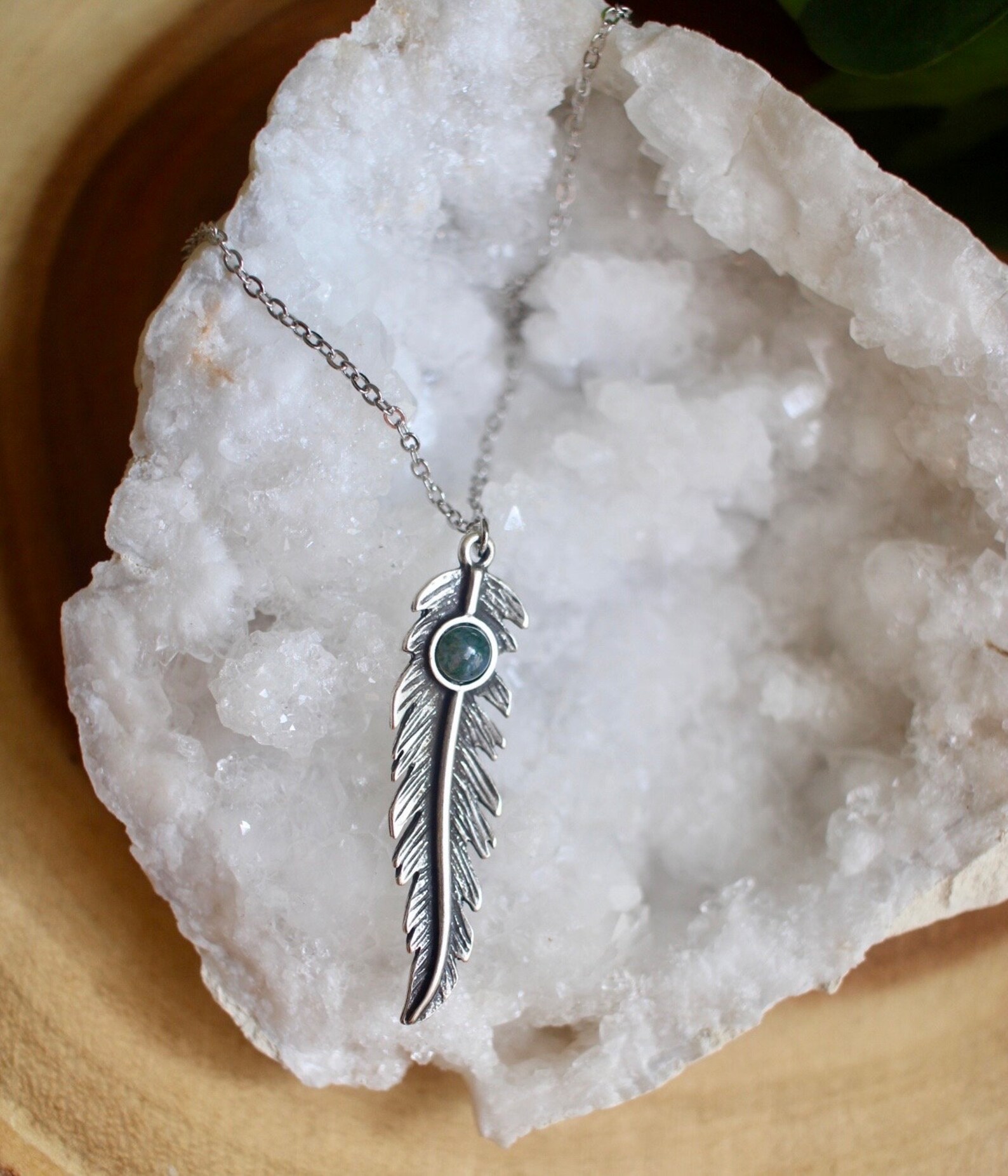 Moss Agate Feather Necklace, Boho Nature Jewelry, Bird Gift for Her - Etsy