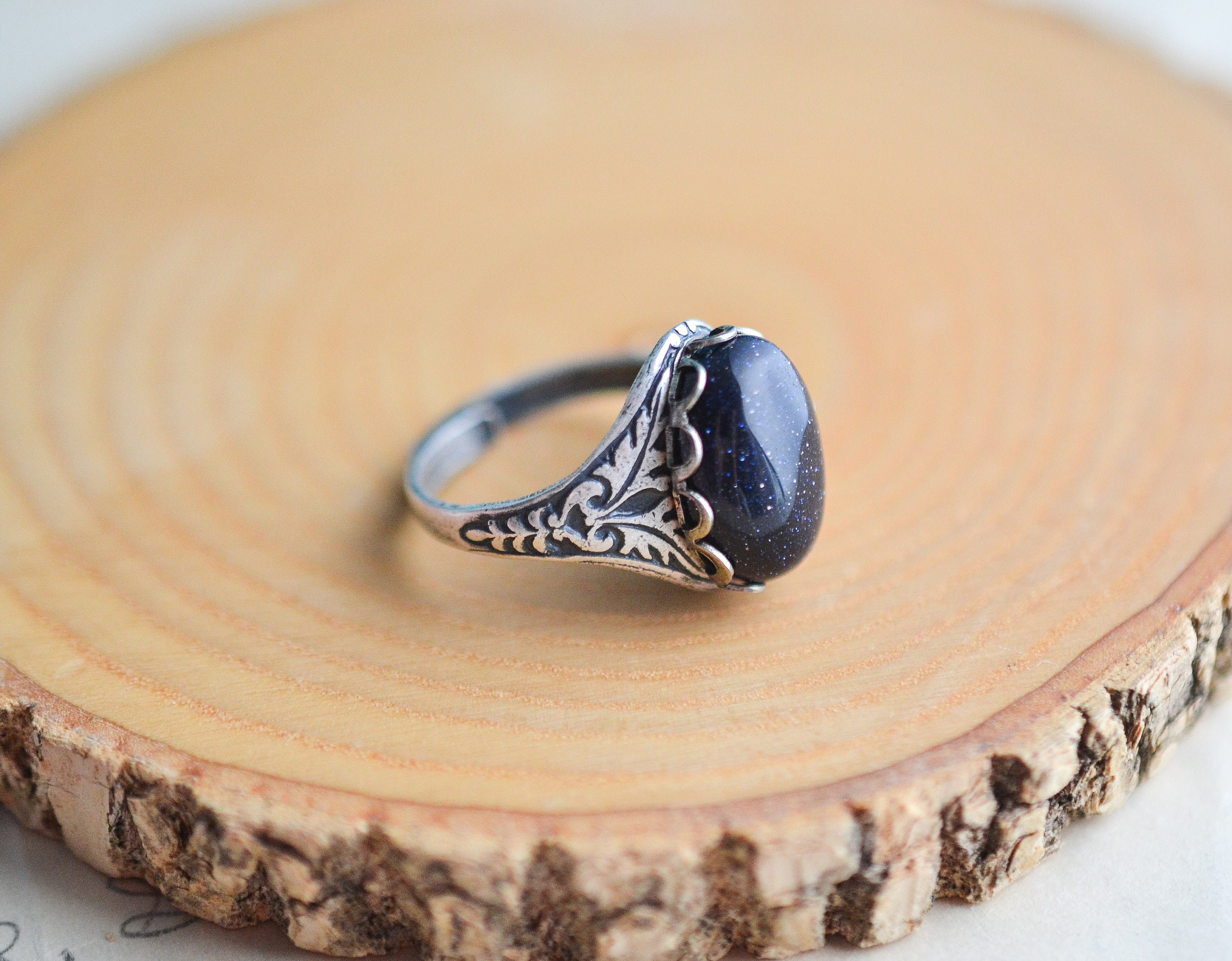 Blue Goldstone Ring Boho Gemstone Ring Healing Stone Jewelry | Etsy