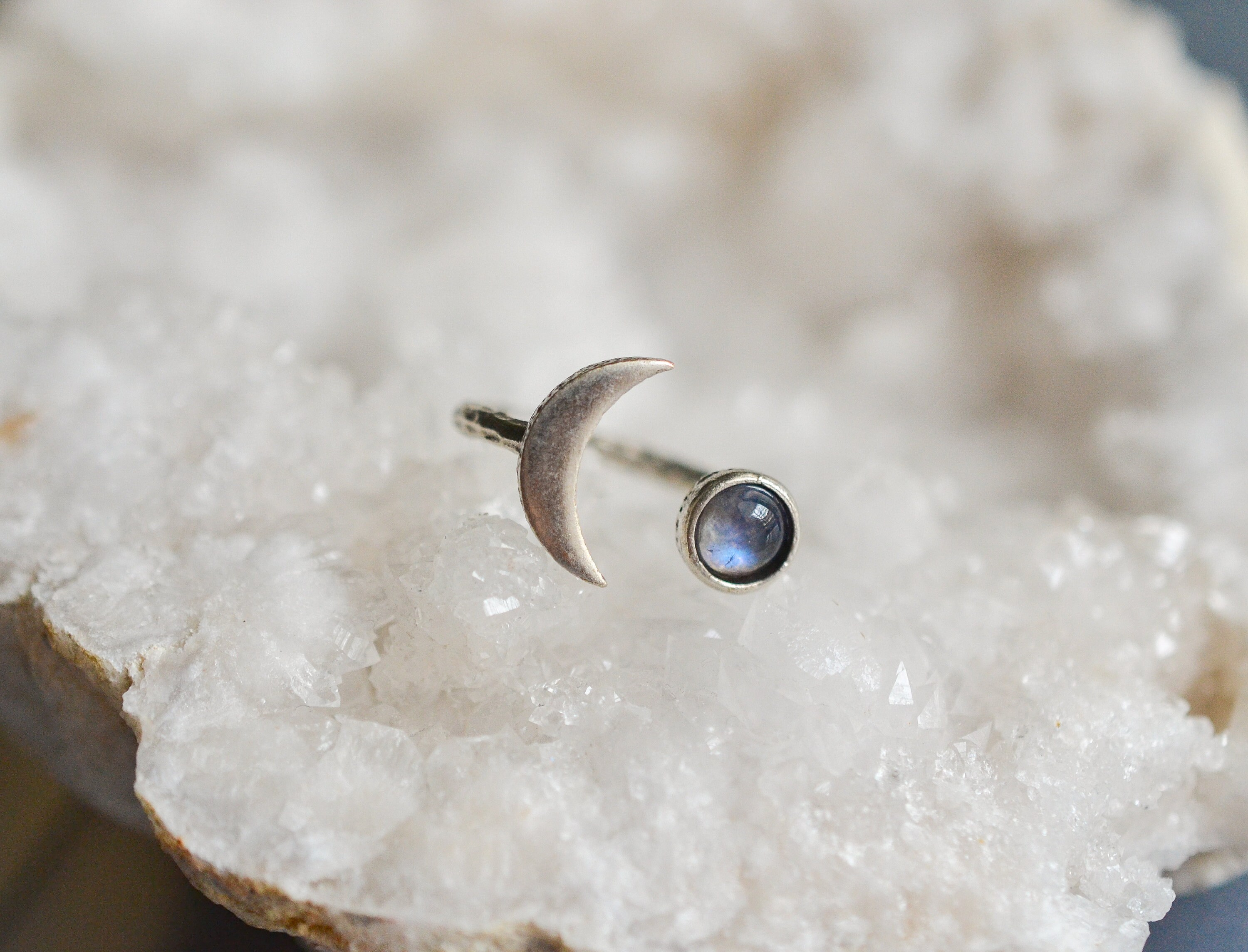 Moonstone Crescent Moon Ring, Silver Hammered Ring, Celestial Jewelry ...