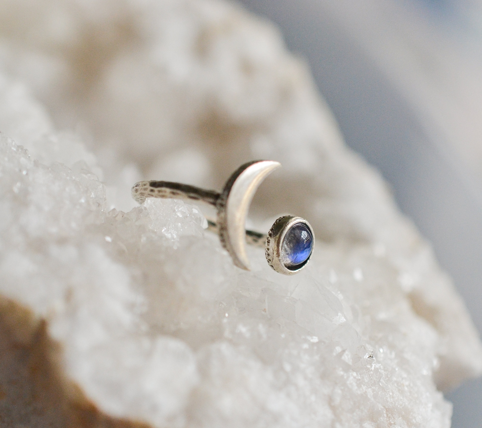 Moonstone Crescent Moon Ring, Silver Hammered Ring, Celestial Jewelry ...