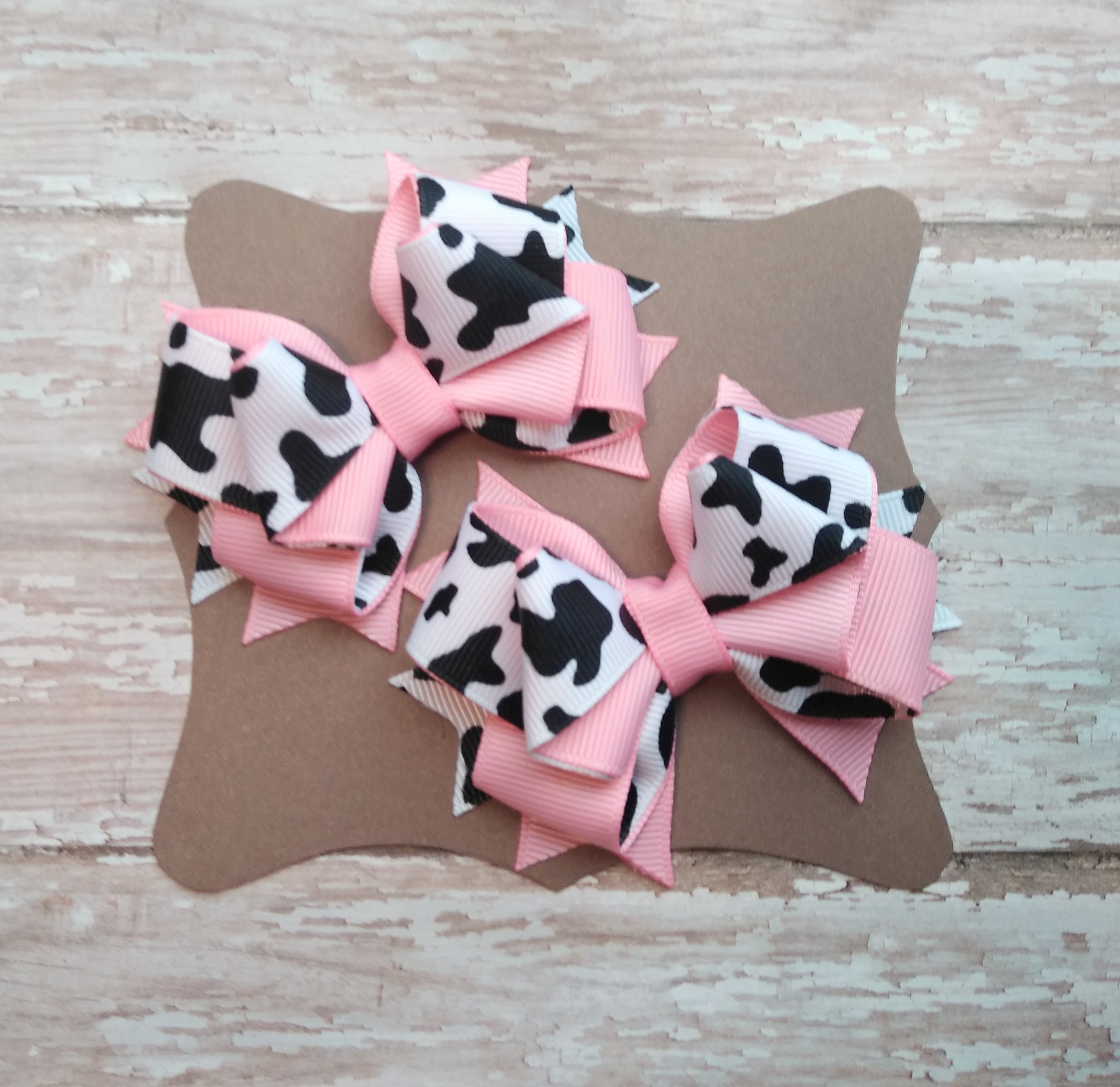 Cow Print and Pink Sassy Ribbon Hair Bow Pigtail Set, Cowgirl Mini Hair ...