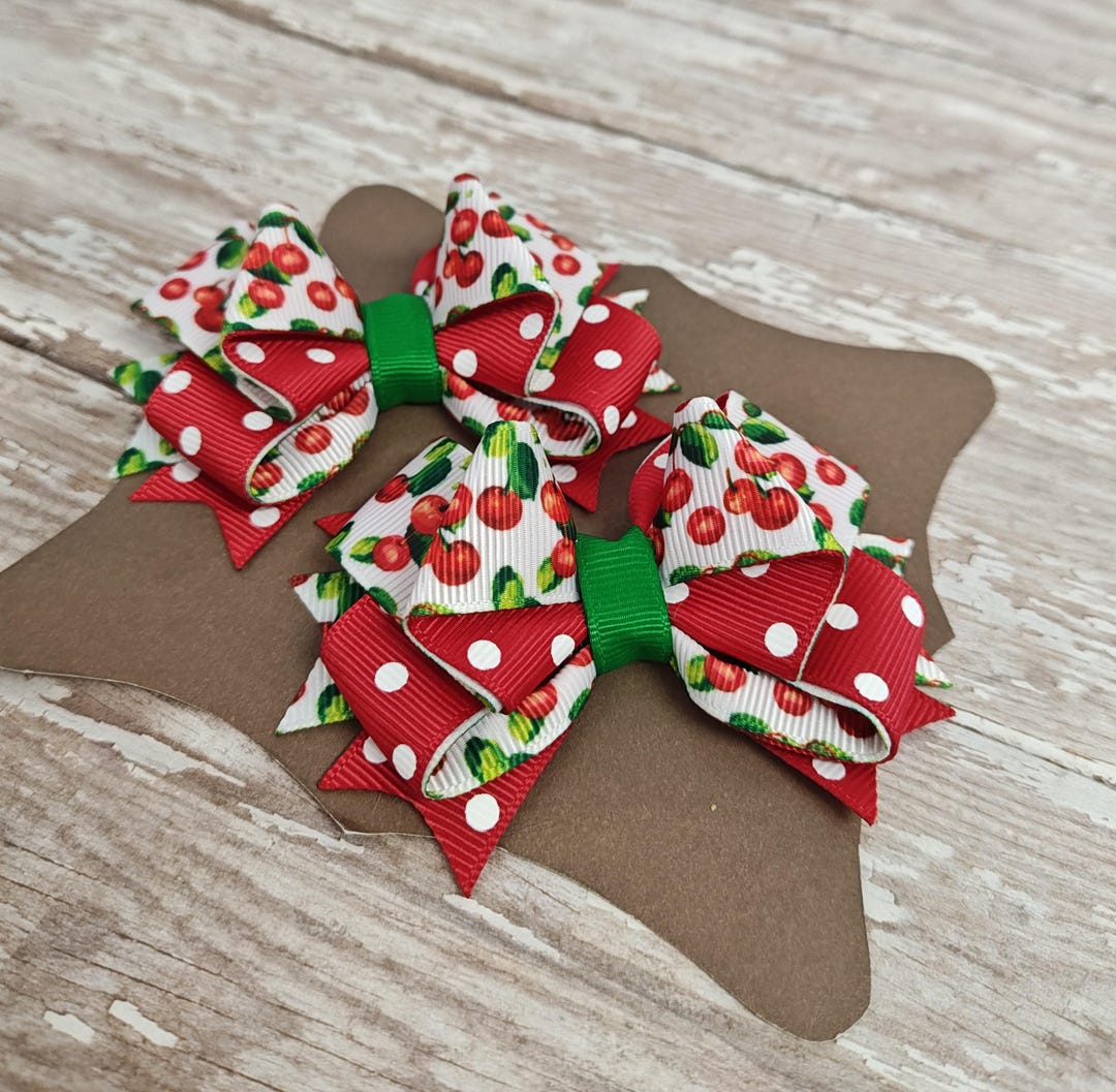 Cherry Sassy Hair Bow Single or Pigtail Set, Cherries Mini Bow, Summer ...