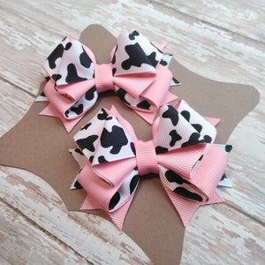 Cow Print and Pink Sassy Ribbon Hair Bow Pigtail Set, Cowgirl Mini Hair ...