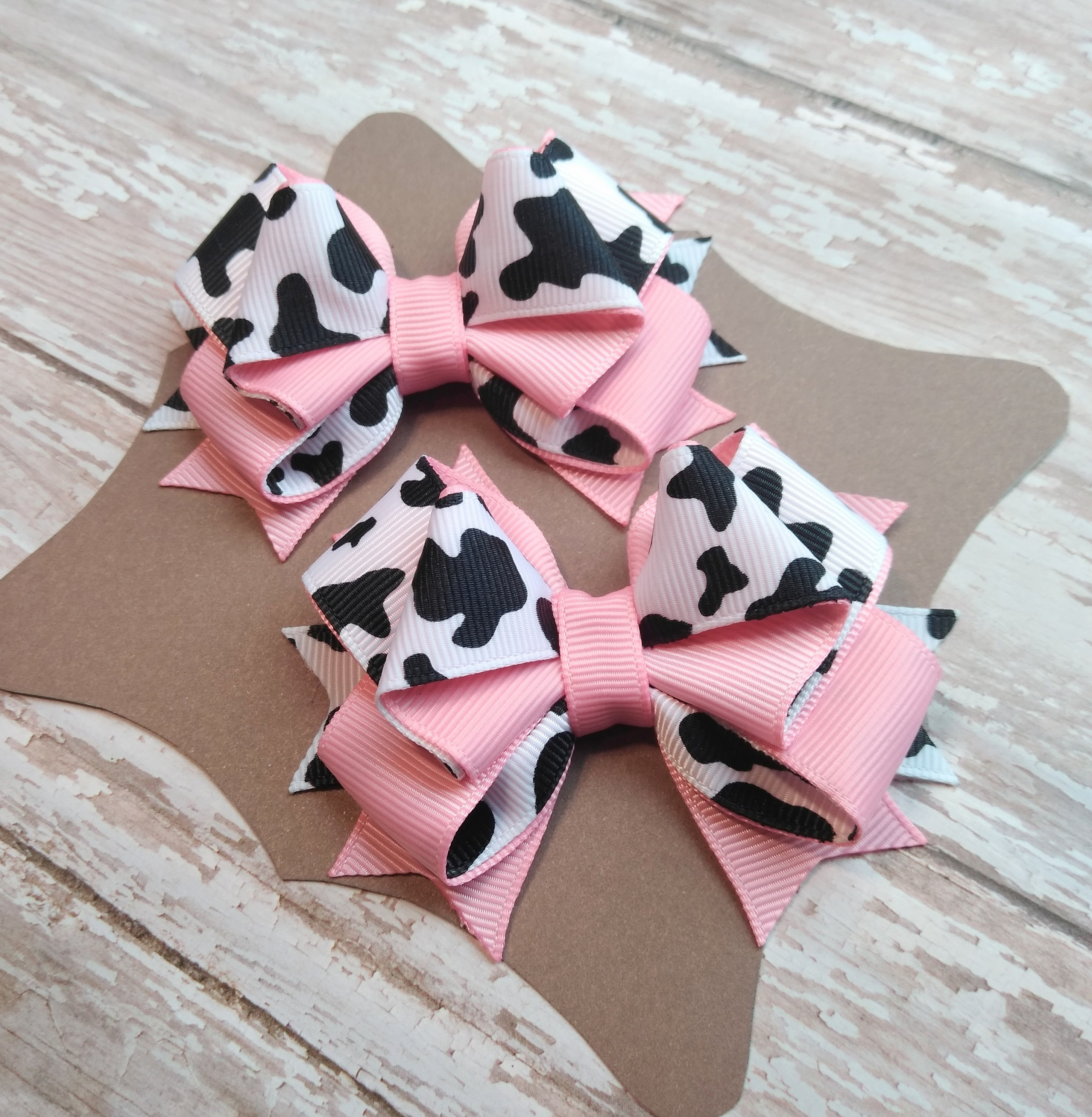 Cow Print and Pink Sassy Ribbon Hair Bow Pigtail Set, Cowgirl Mini Hair ...