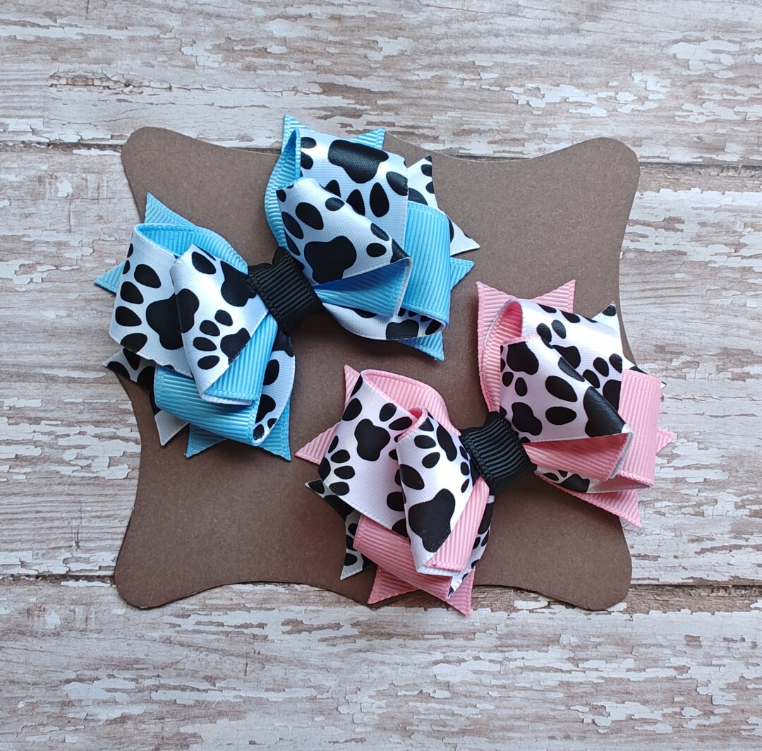 Paw Print Pink or Blue Sassy Ribbon Hair Bow, Dog Lover Mini Hair Bow ...