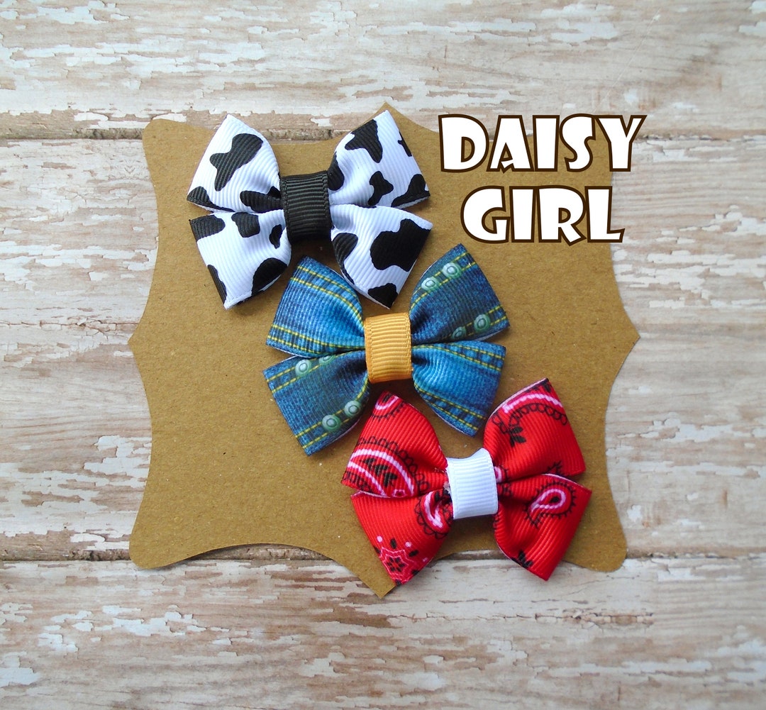 2 Inch Mini Bow Set, Cowgirl Bow Set, Farm Bows, Denim Hair Bows, Cow ...