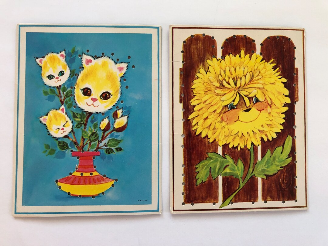 Vintage Sewing Cards Lacing Cards With Cute Flower Cat Faces - Etsy
