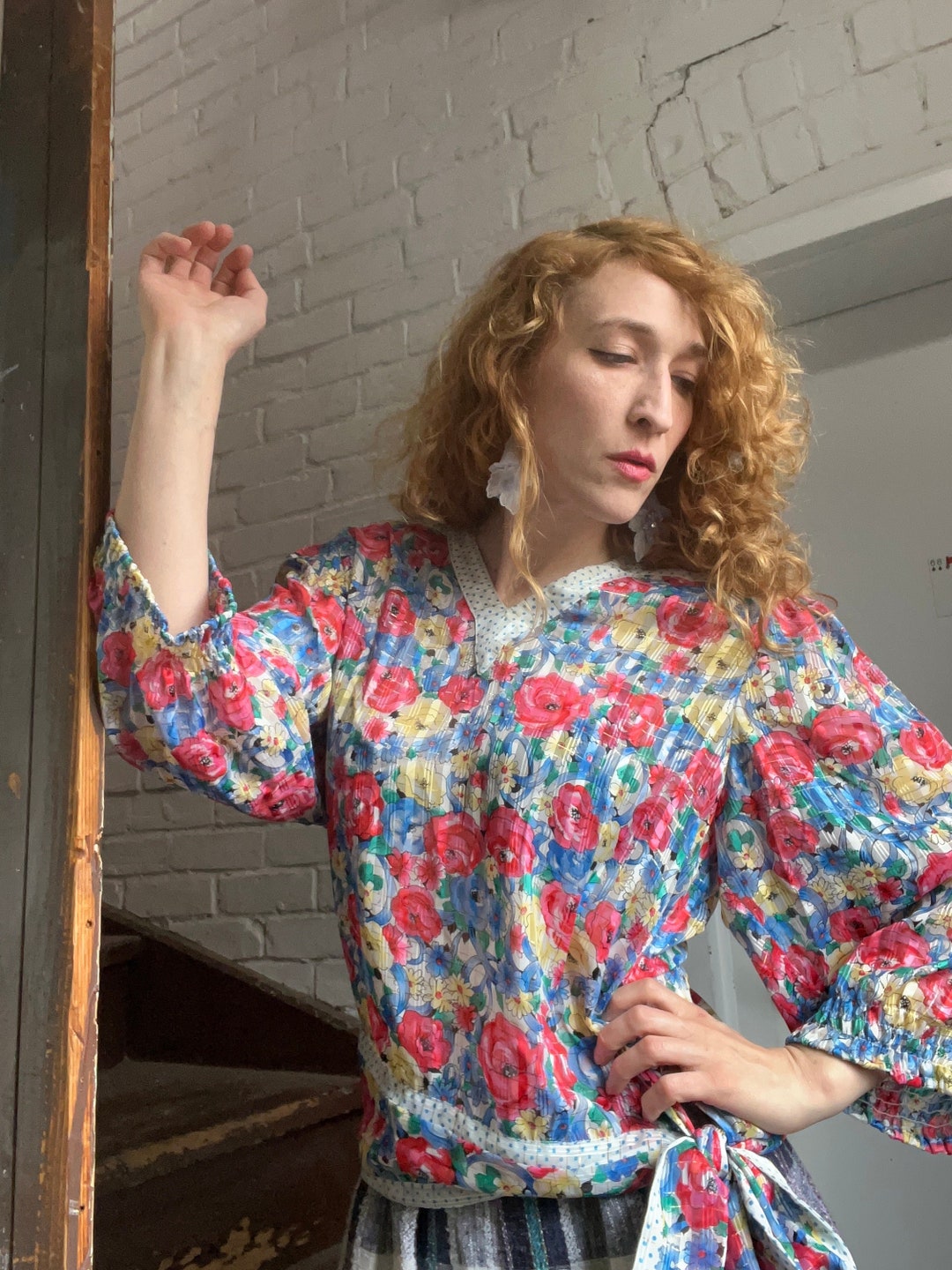 DIANE FREIS Vintage 1980s Floral Georgette Blouson Tunic Top With Polka ...