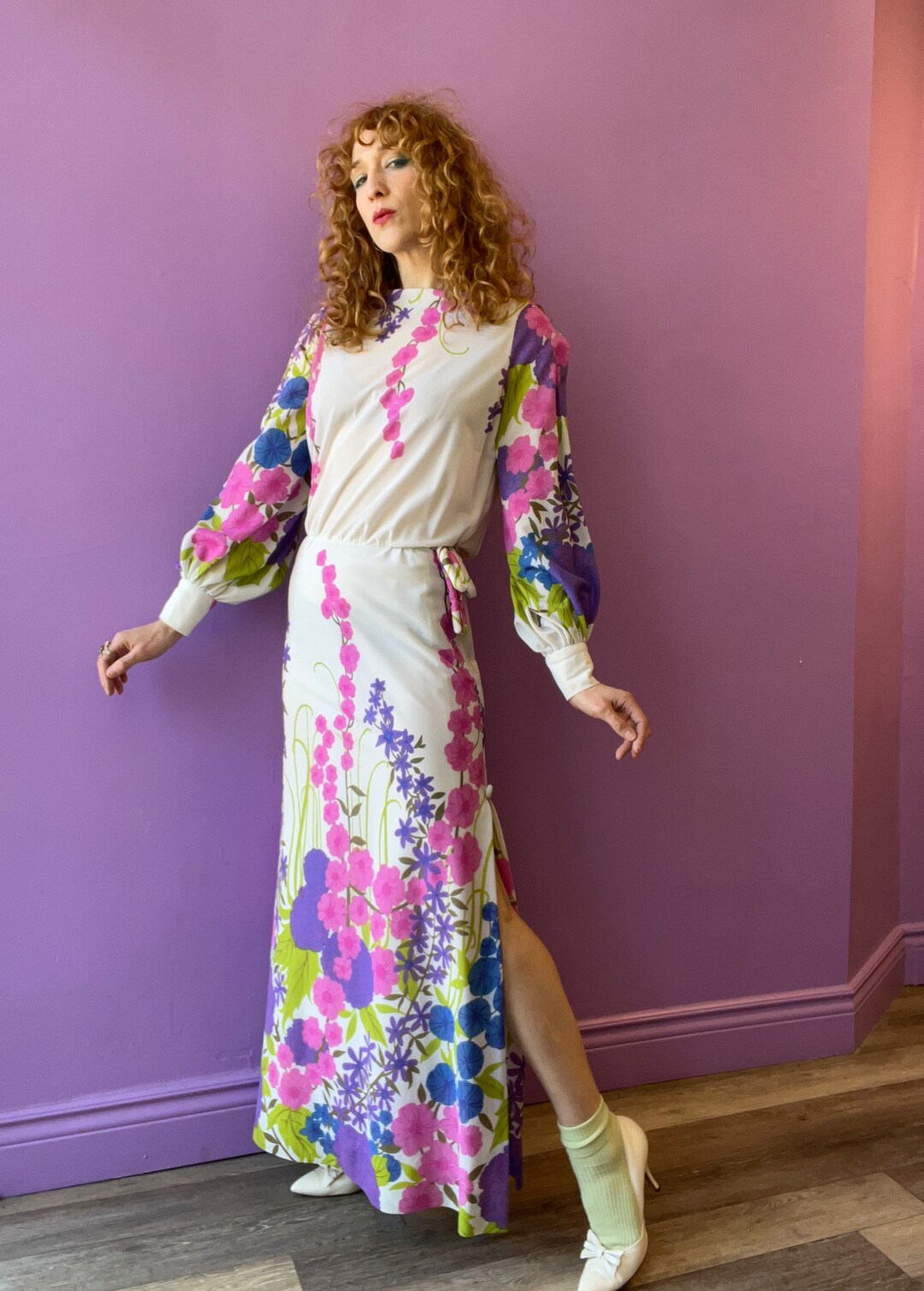 JEAN ALLEN Vintage 1960s Cage Sleeve Floral Gown With Side Vent Skirt ...