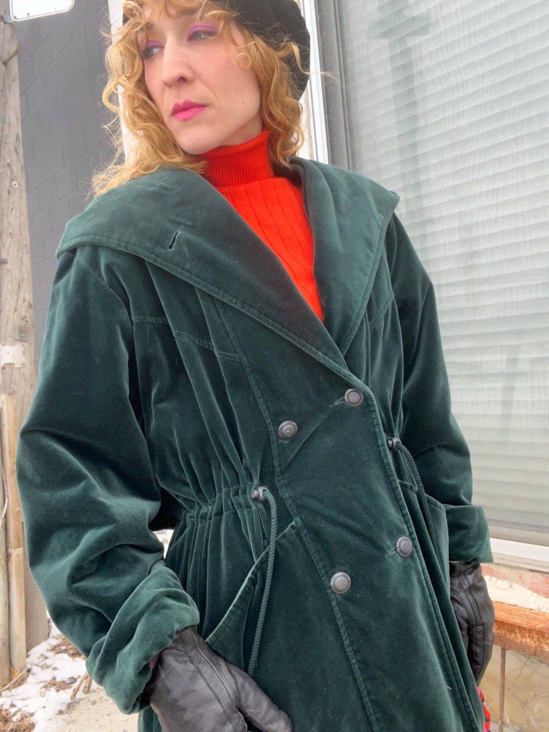 FOREST GREEN VELVET Vintage 1980s Hooded Velvet Smock Coat With ...