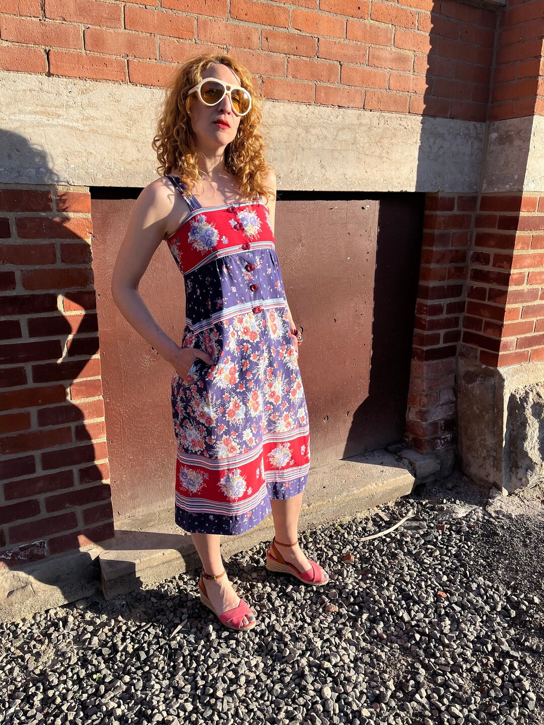 FLORAL BORDER STRIPE Vintage 1970s Boho Cotton Striped Floral Sundress ...