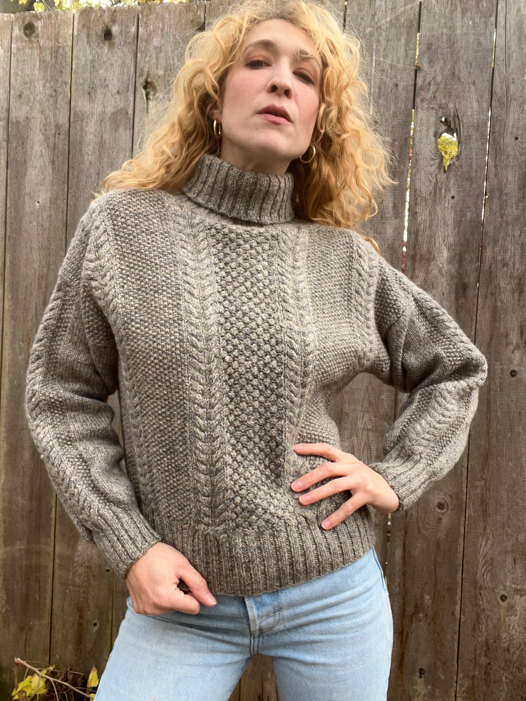 HANDKNIT VIRGIN WOOL Vintage 1990s Cable Knit Turtleneck Sweater in Natural Grey / Ecru Yarn, by ...