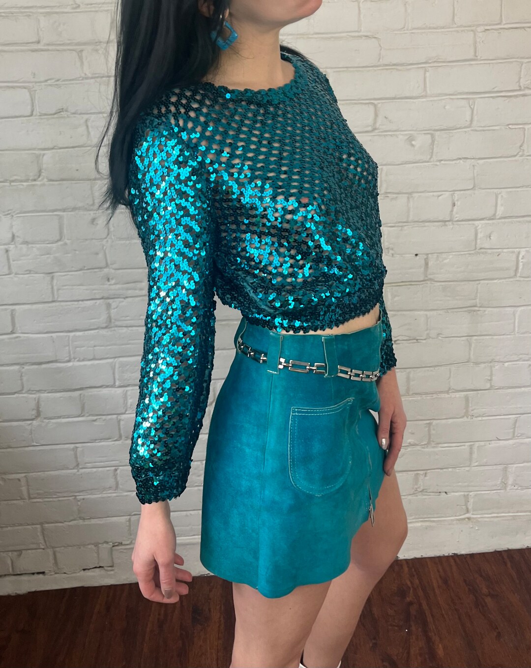 DISCO MERMAID Vintage 1970s Turquoise Sequin Open Knit Top, by Three ...