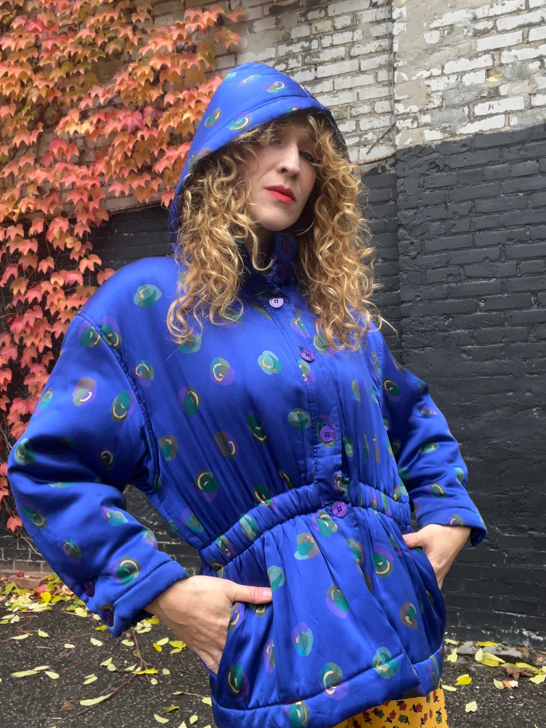 SILK PUFFER COAT Vintage 1980s Royal Blue Printed Silk Parka With ...