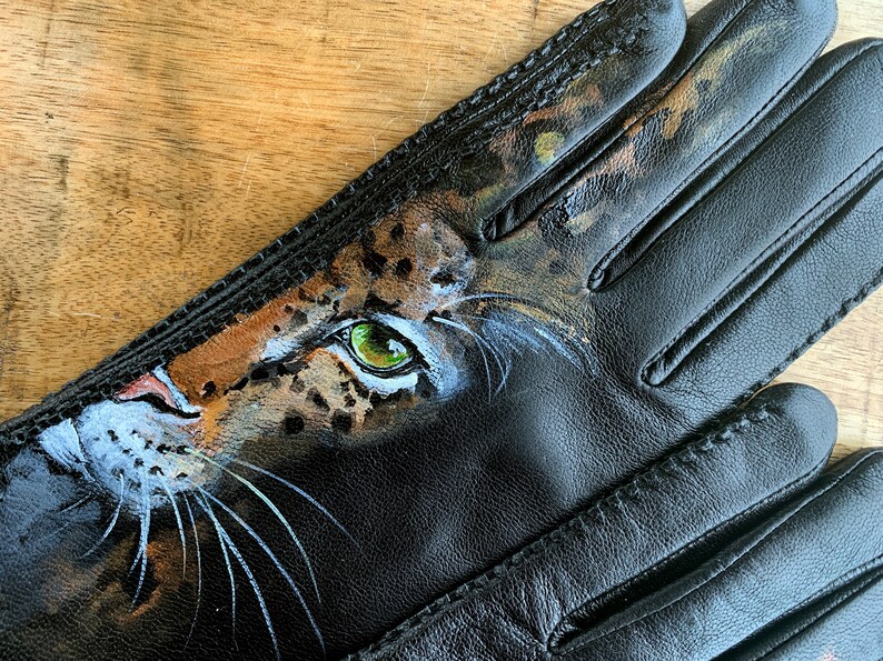 Black Leather Gloves Ladies Leopard Art Arm Warmers Hand - Etsy