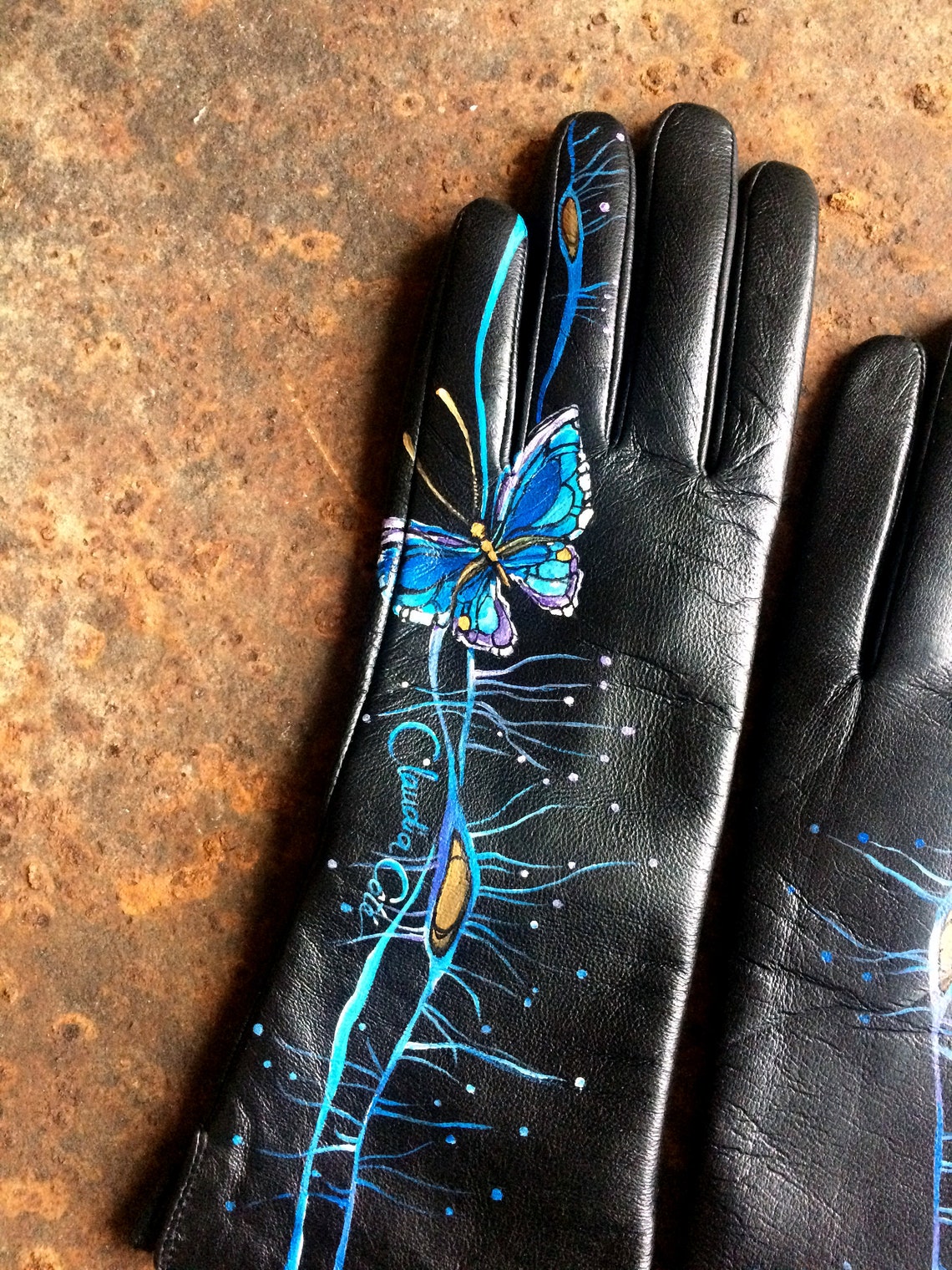 Personalized Black Leather Gloves Women Painted Teal & Blue - Etsy