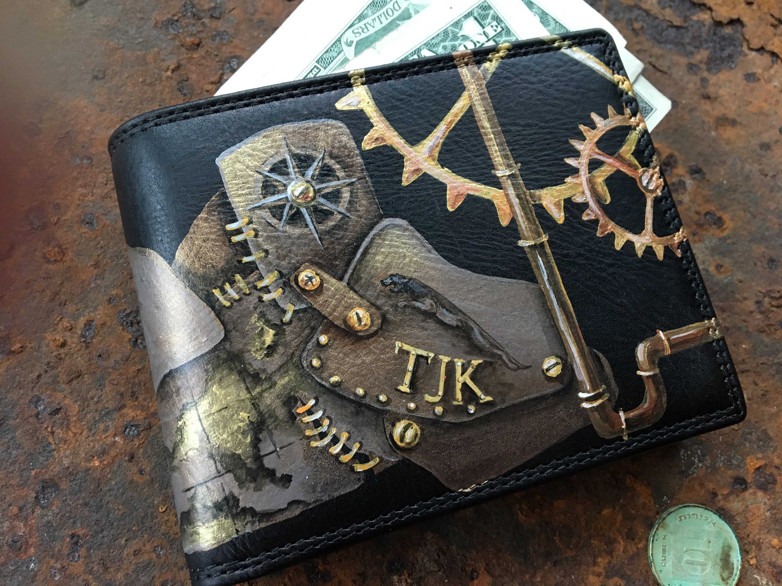 Steampunk Wallet Personalized Wallet Men Hand Painted Leather | Etsy