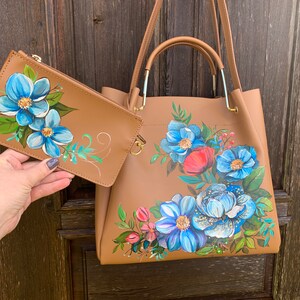 Leather Laptop Bag Women Flower Large Tote Bag Hand Painted Brown Work ...