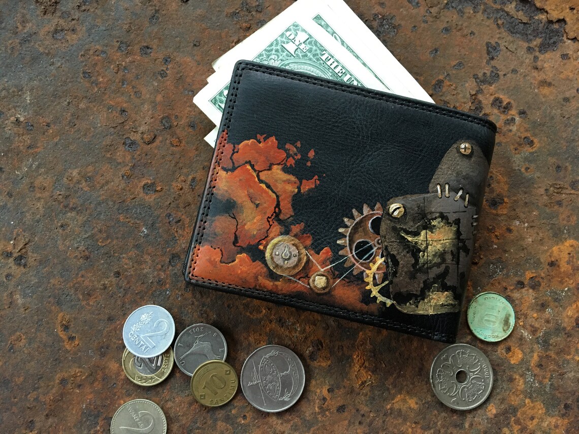 Steampunk Wallet Personalized Wallet Men Hand Painted Leather - Etsy