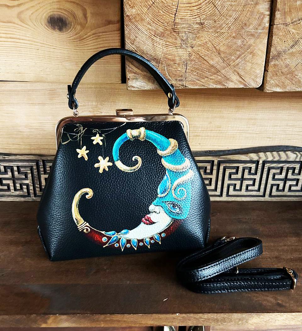 Mini Frame Bag Kiss Lock Purse Leather Crossbody Wallet Hand Painted ...