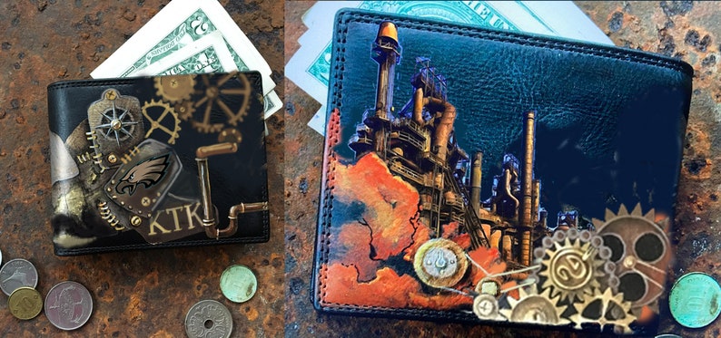 Steampunk Wallet Personalized Wallet Men Hand Painted Leather | Etsy