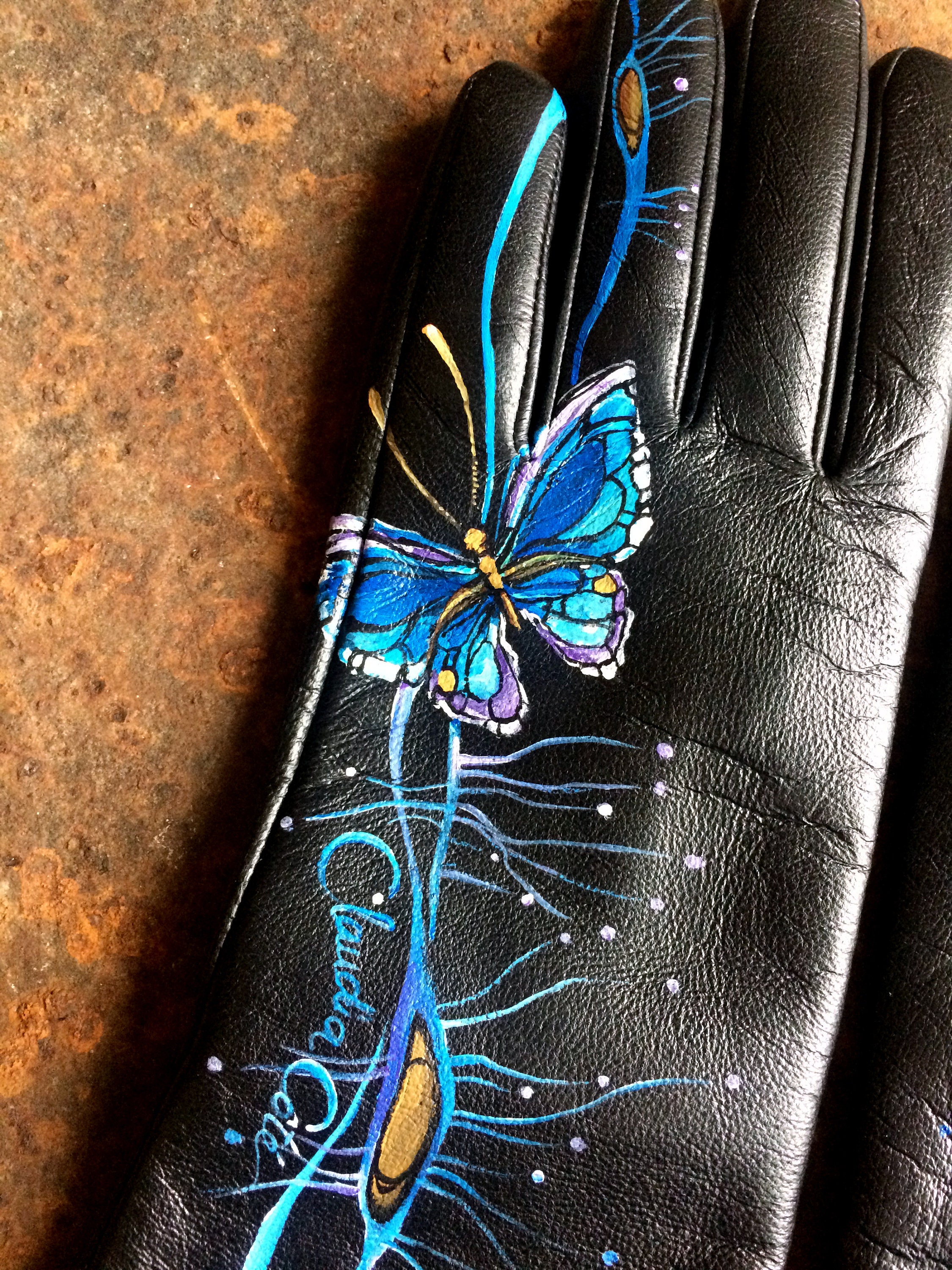 Personalized Black Leather Gloves Women Painted Teal & Blue Butterfly ...